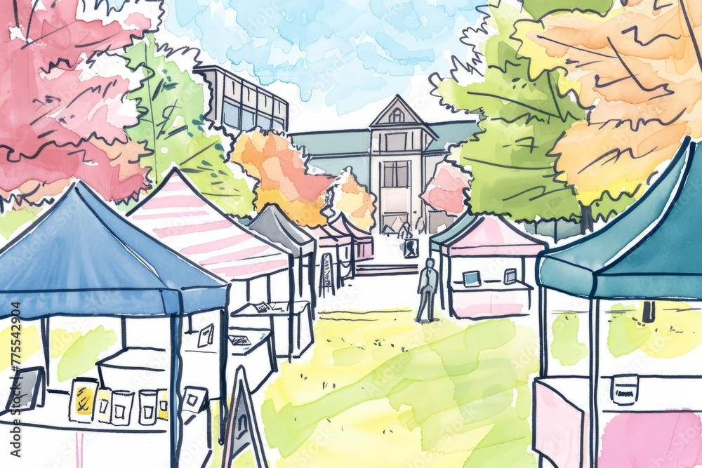 Cartoon cute doodles of a student club fair, with booths set up on the ...
