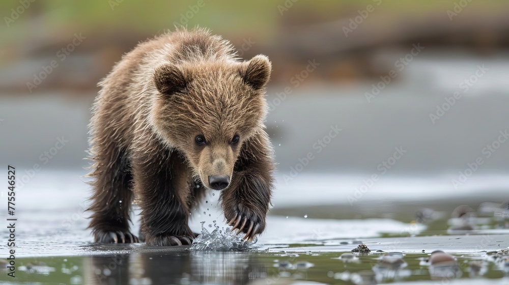 Curious brown bear cub exploring the water's edge, a heartwarming scene ...