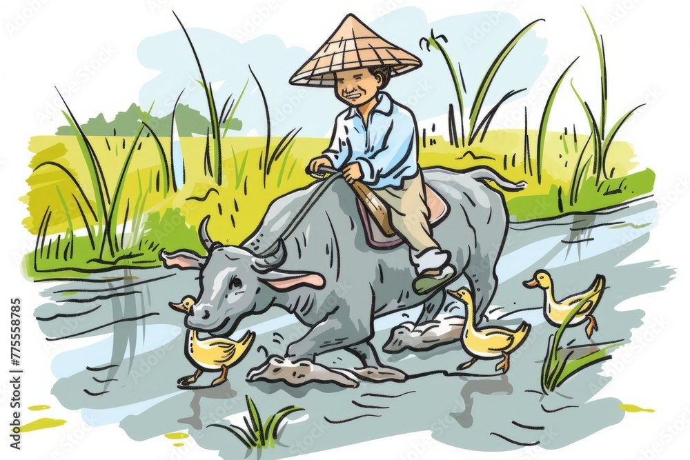 Cartoon cute doodles of an Asian farmer riding a water buffalo through ...
