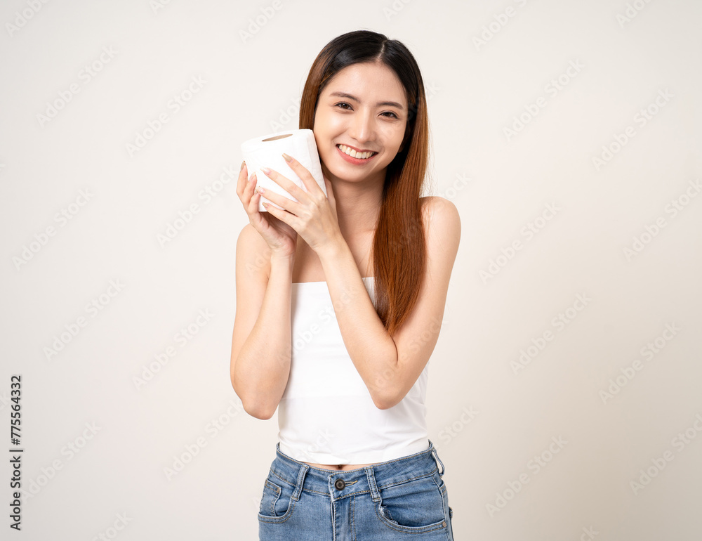 Beautiful young asian woman holding tissue paper go to toilet. Charming ...