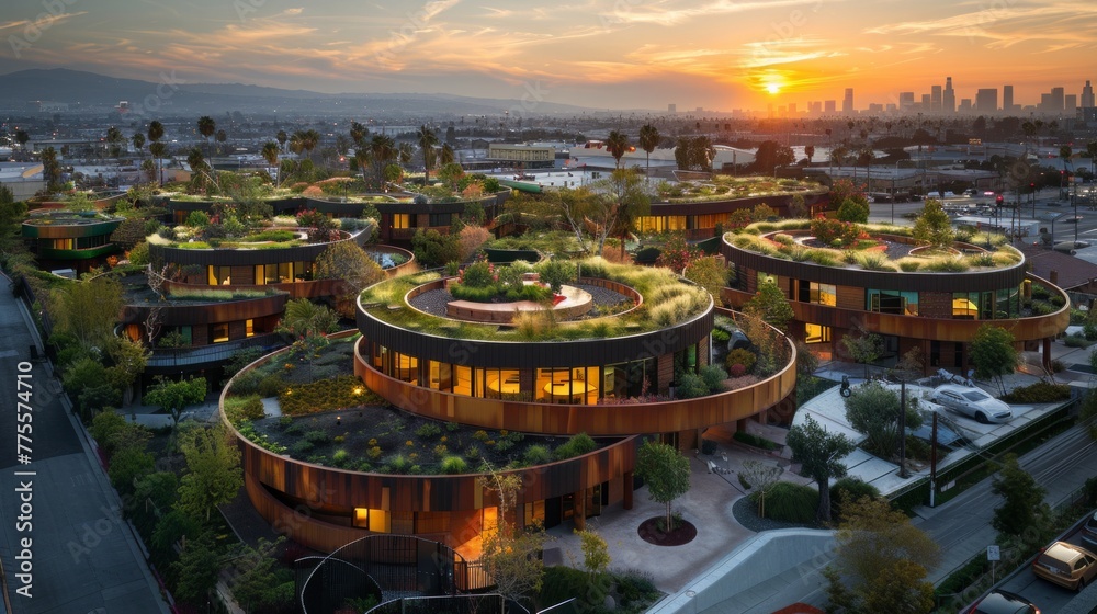 bustling cityscape, modern urban center thriving with green rooftops ...