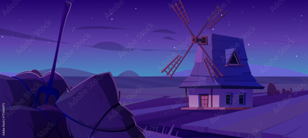 Vector de Stock Old windmill in night summer field. Vector cartoon ...