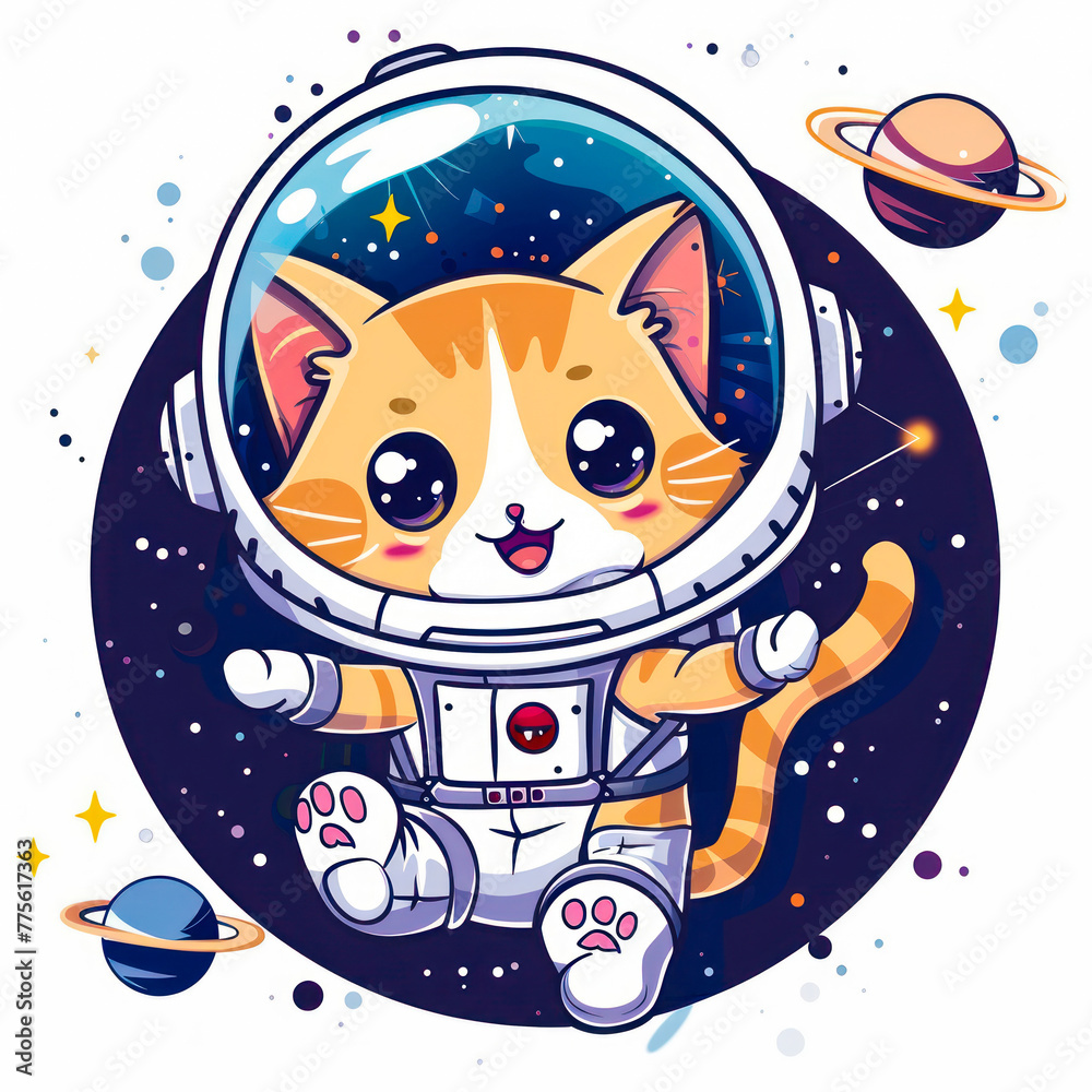 Cute cartoon cat in an astronaut suit floating in space isolated on ...