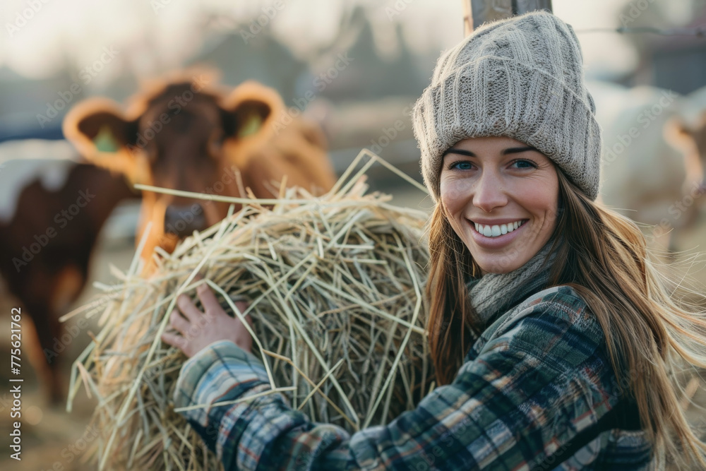 Portrait of a young woman working in a farm holding fresh hay to ...