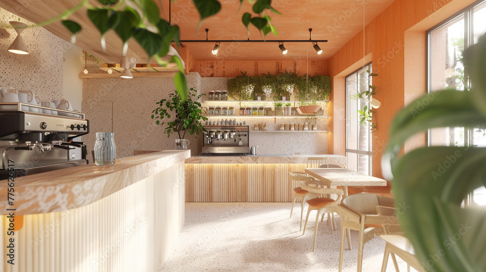 Eco-friendly cafe interior with natural colors and plants. Coffee bar ...