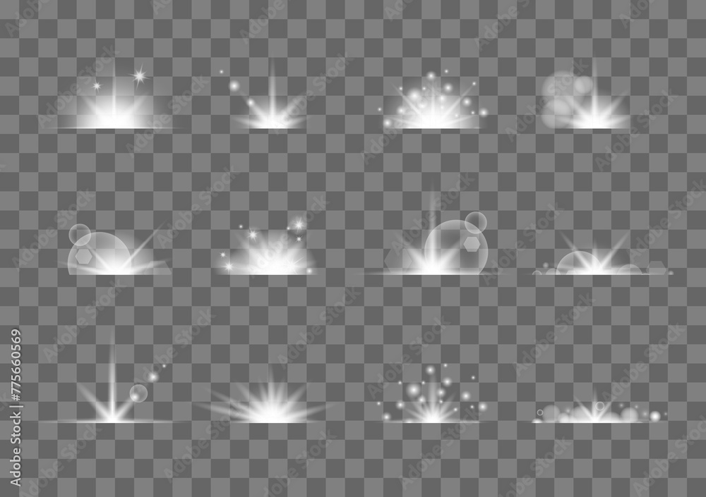 Flash. Realistic flares. Glowing effects. Magic starburst beam with glitter. Stars in space ...