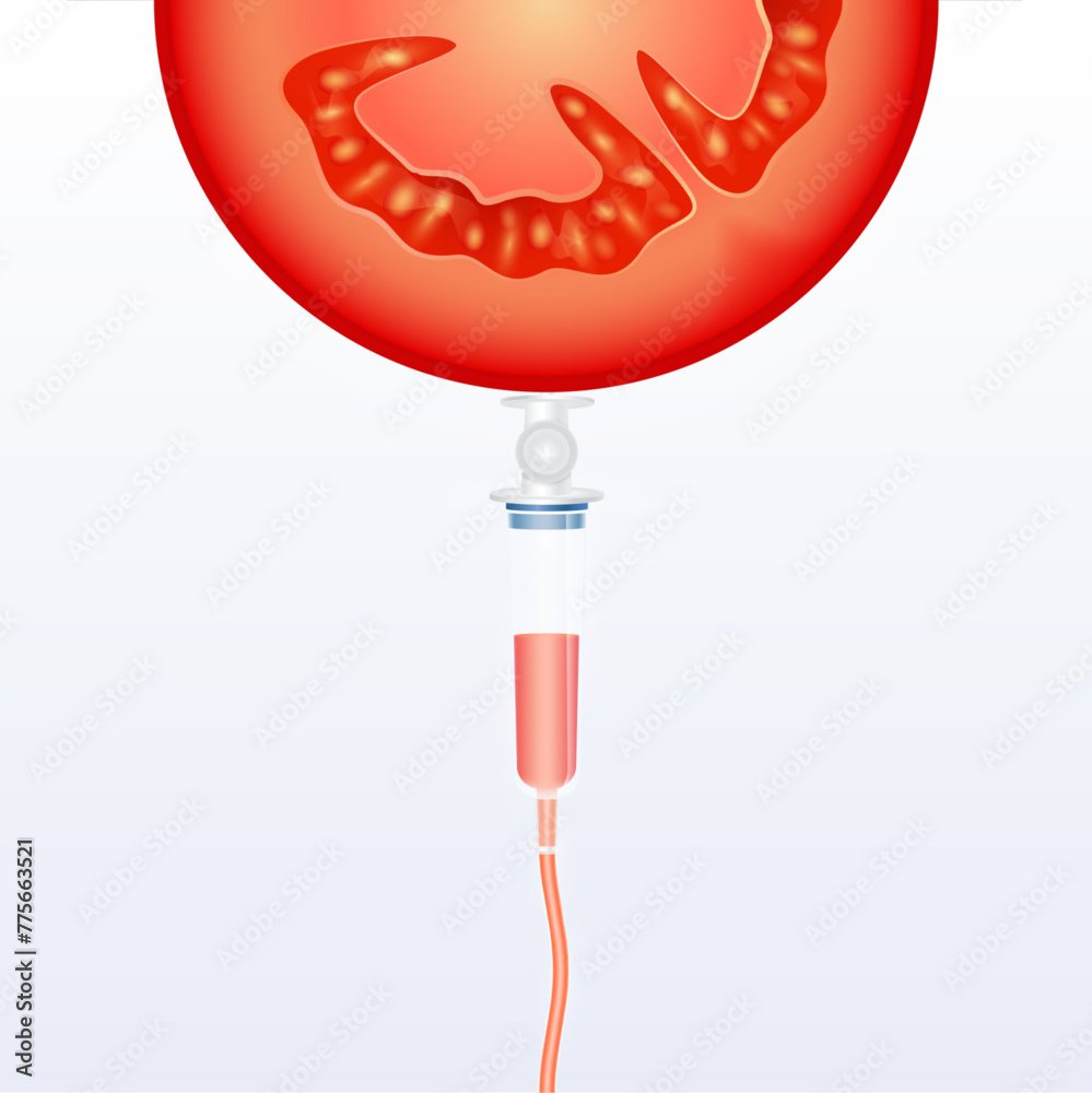 Saline line and syringe is connected to the fresh tomato slice. IV ...