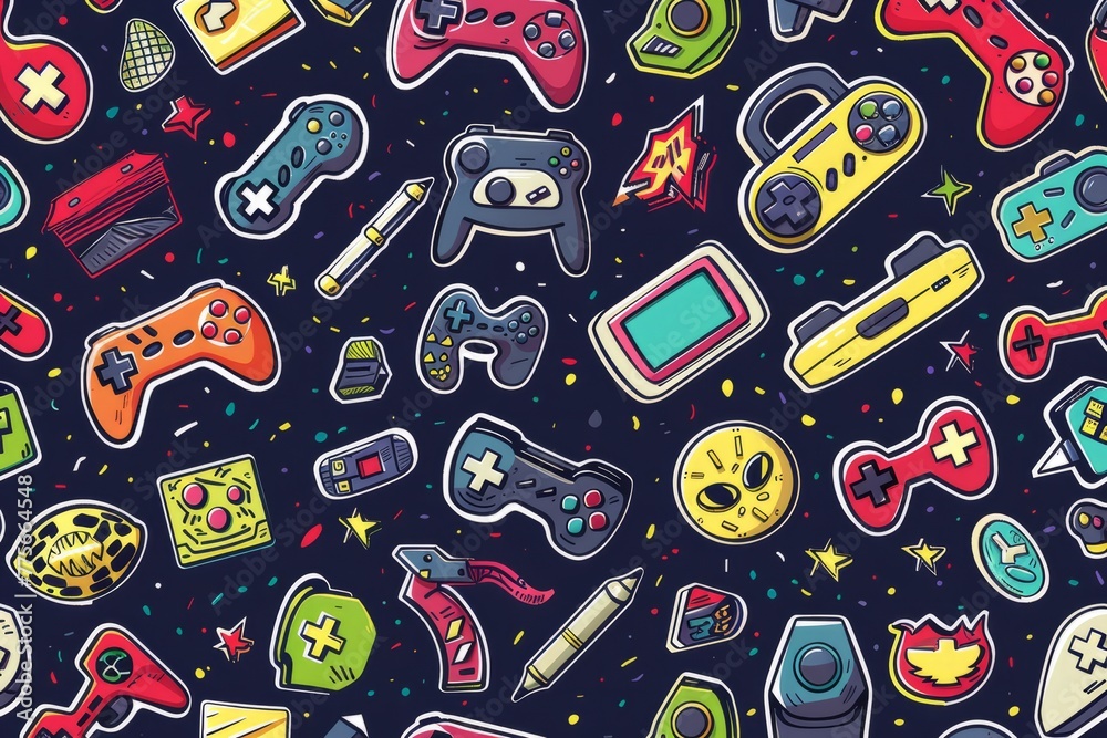 Cartoon cute doodles of a retro arcade pattern with colorful pixels ...