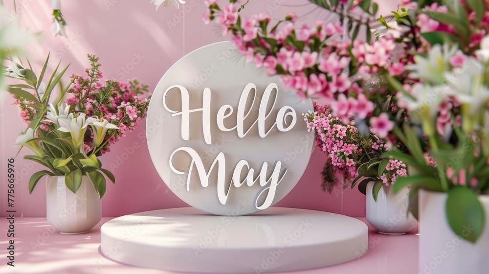 Hello May - lettering calligraphy on white round podium stage with ...