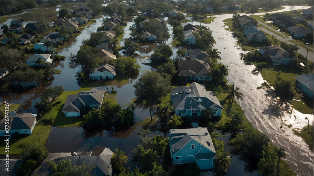 An aerial photograph showing the aftermath of a hurricane, with flooded ...