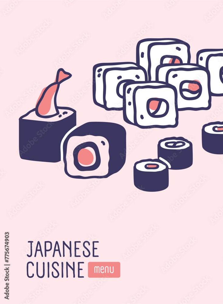 Japanese cuisine, menu cover design. Asian restaurant, line art sushi ...