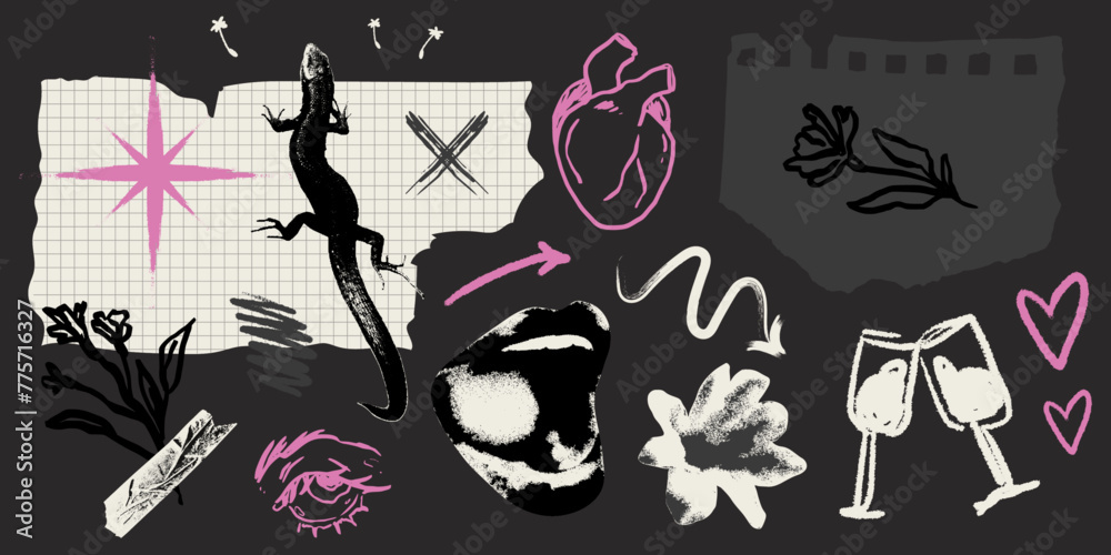 Trendy with a retro photocopy effect y2k elements and tattoo style with ...