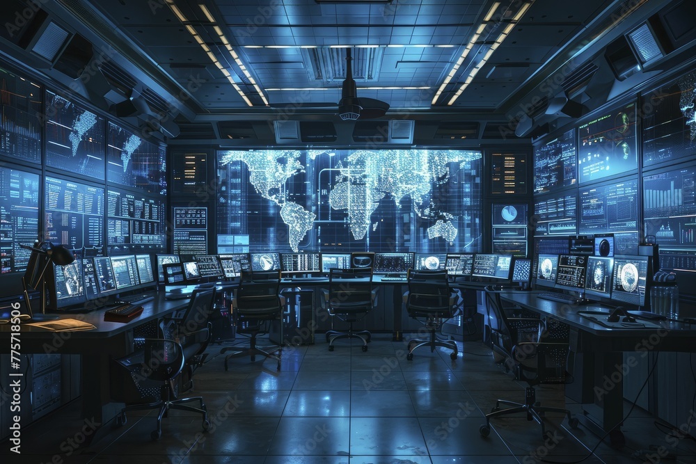 AI enhanced security operations center, wide interior shot showing ...