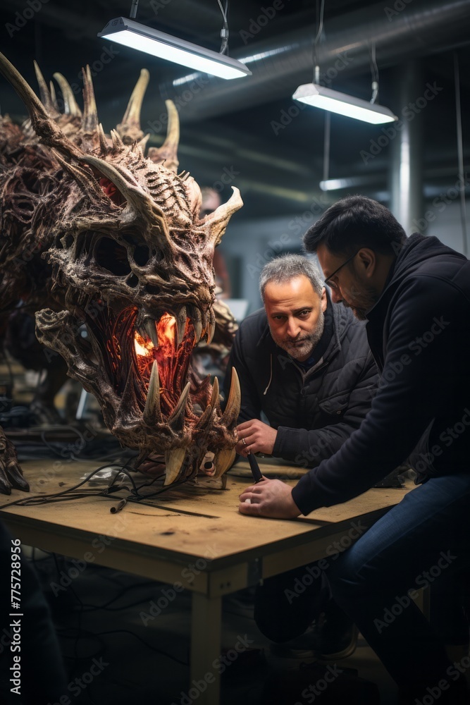 Two male artists are actively involved in sculpting a large dragon ...