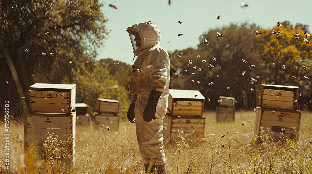 beekeeper amidst a field of buzzing bees, evoking the tranquil harmony ...
