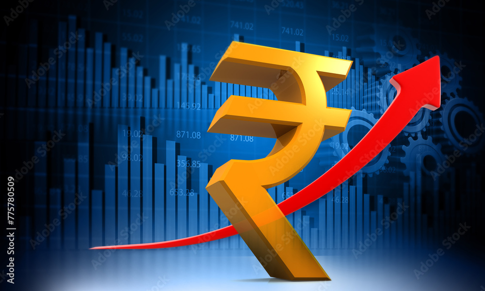 Indian rupee symbol with arrow graph on stock market background. Indian ...