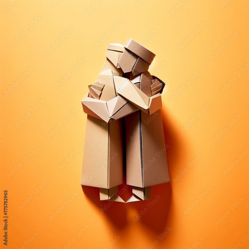 A simple origami Eid hug of muslim kids on an orange background ...