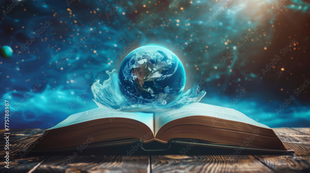 Textbook with planet Earth floating background. Universal learning ...