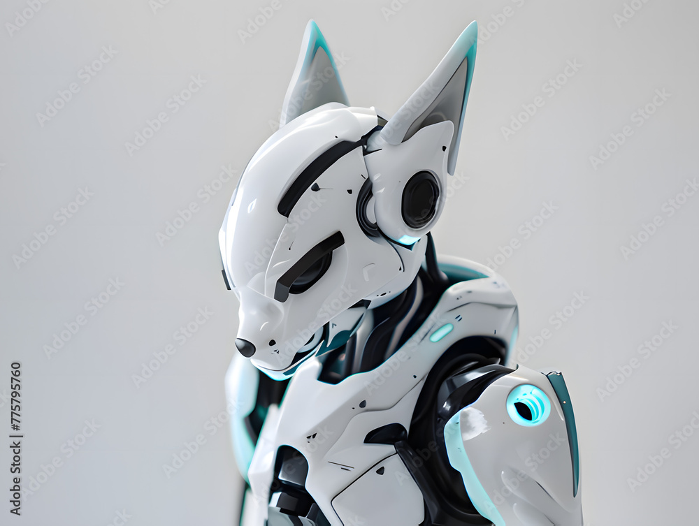 The white robot with cat ears is an animal robot equipped with a sharp ...