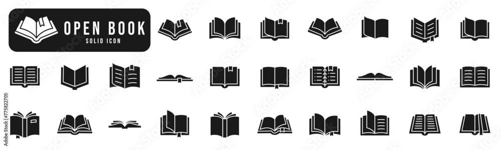 Open book solid icon set. Diary, open book, pages, bookmark, magazine etc. Stock Vector | Adobe ...