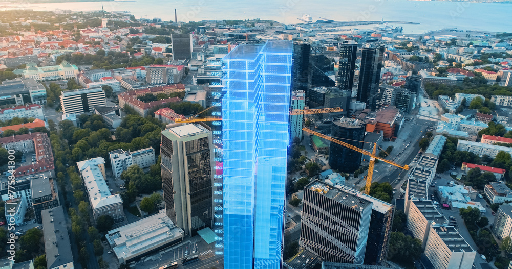 Aerial Drone Footage with VFX Concept of Building Construction: City ...