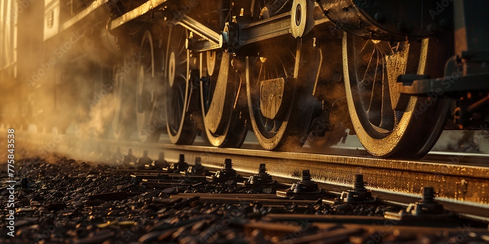 Freight train wheels on tracks, close-up, early morning mist, power and ...