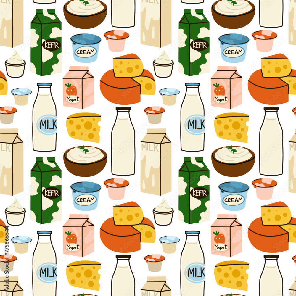 Dairy products seamless pattern. Milk, kefir and yogurt. Cheese, butter ...