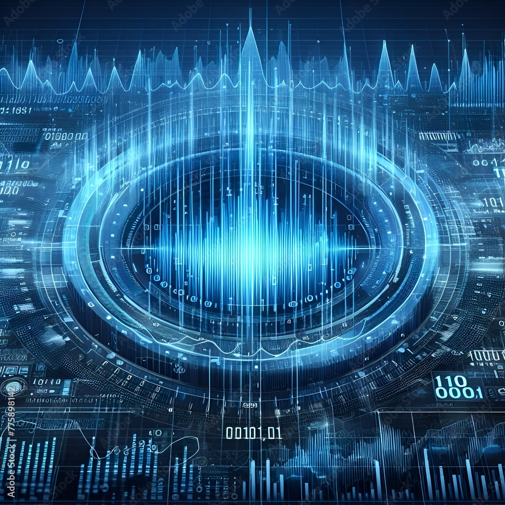Stock-Illustration „Vibrant blue digital waveform amid intricate data visualizations implies ...