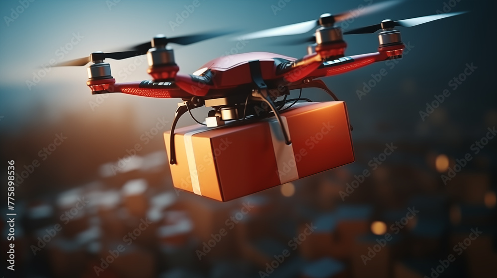 Red drone carries parcel against dusky sky closeup image. UAV close up ...