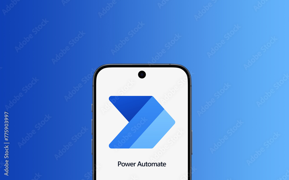 Microsoft Power Automate Logo is displayed on a modern smartphone, blue ...