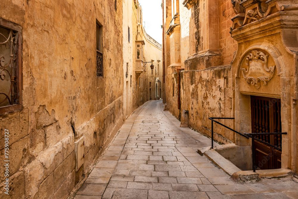 Empty street of of ancient Roman city Mdina, ancient capital of Malta ...