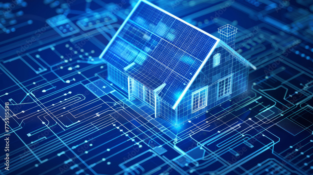 Blue print of smart home with solar panels, rooftop system for ...