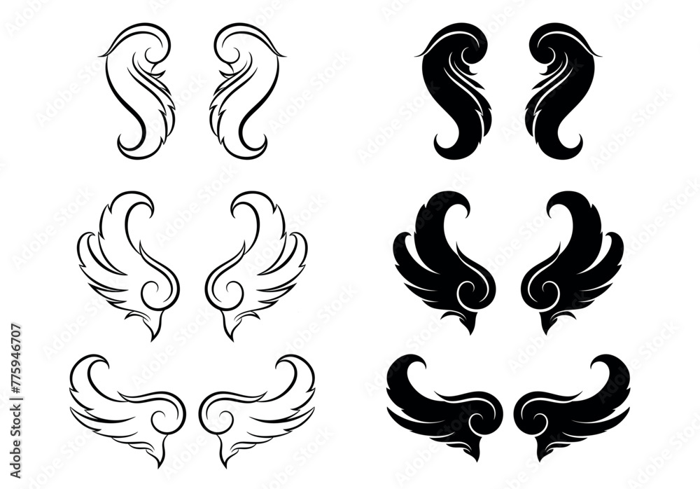 Wings icon. Set of vintage wings line and silhouette isolated on white ...