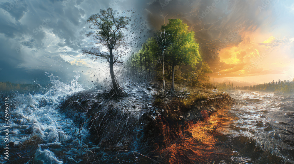 Side-by-side depiction of a river, one half flooding during rain due to ...