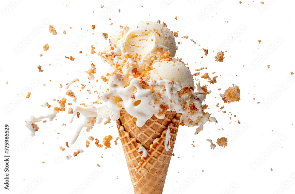 Exploding dairy ice cream in a waffle cone png, isolated on transparent ...
