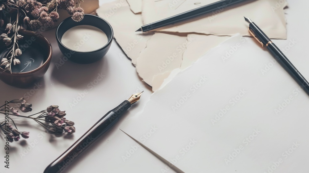 A wellorganized calligraphy set, including nibs, ink pots, and practice ...