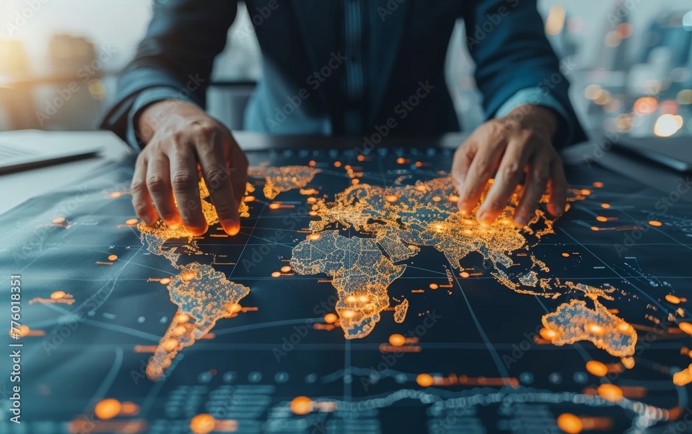 Study the world map in detail with key financial centers emphasized ...