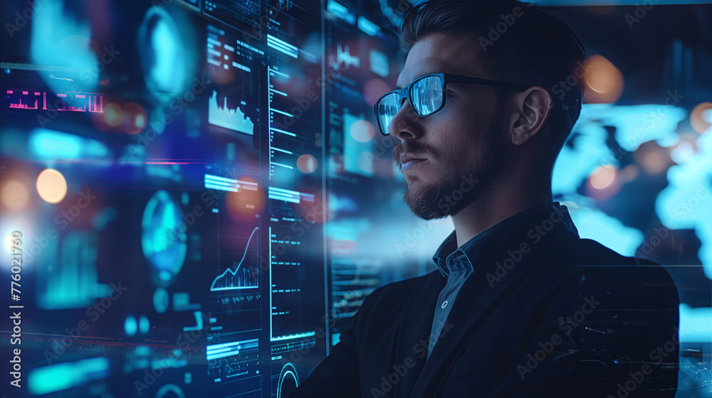 A digital businessman stands confidently, holding a virtual checklist ...