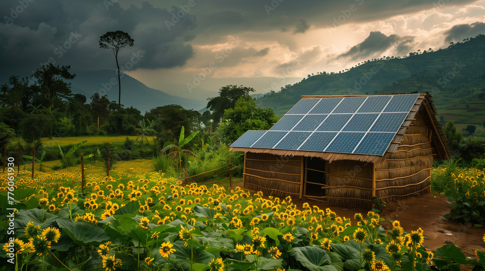 A rustic hut equipped with solar panels sits amidst a vibrant field of ...