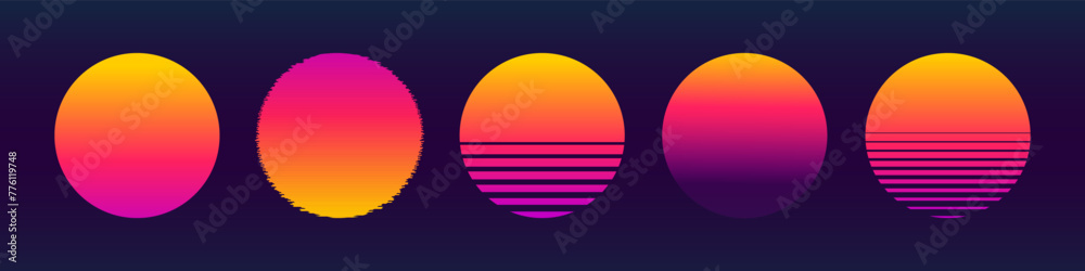 Retro sunset from 80s. Vintage 80s neon sun collection. Abstract ...