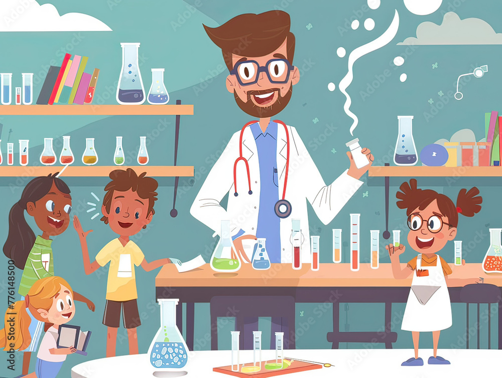 Animated science class with teacher in lab coat, children with beakers ...