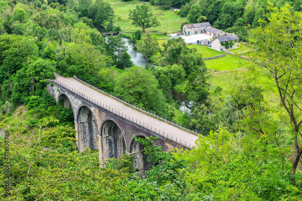 Monsal Head and Monsal Dale and the old railway viaduct over the river ...