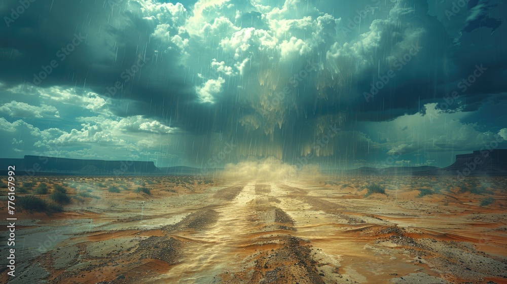 Dramatic clouds bursting with rain over a parched landscape ...