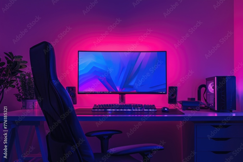 Hyper-realistic image of a computer setup on a desk, illuminated by the ...
