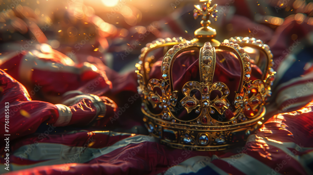 3d golden crown and British flag, illustration, monarchy, coronation ...