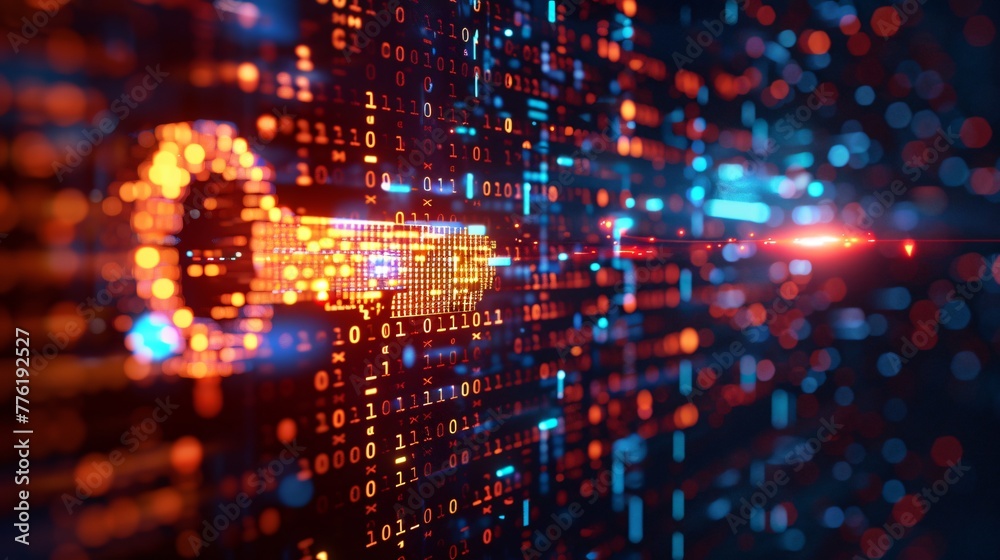 Cybersecurity software logo combining a binary code stream and a key for secure data access ...