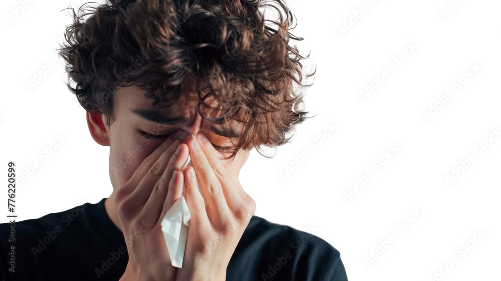 Unhealthy flu-sick young man sneezing loudly in tissue, feeling unwell ...