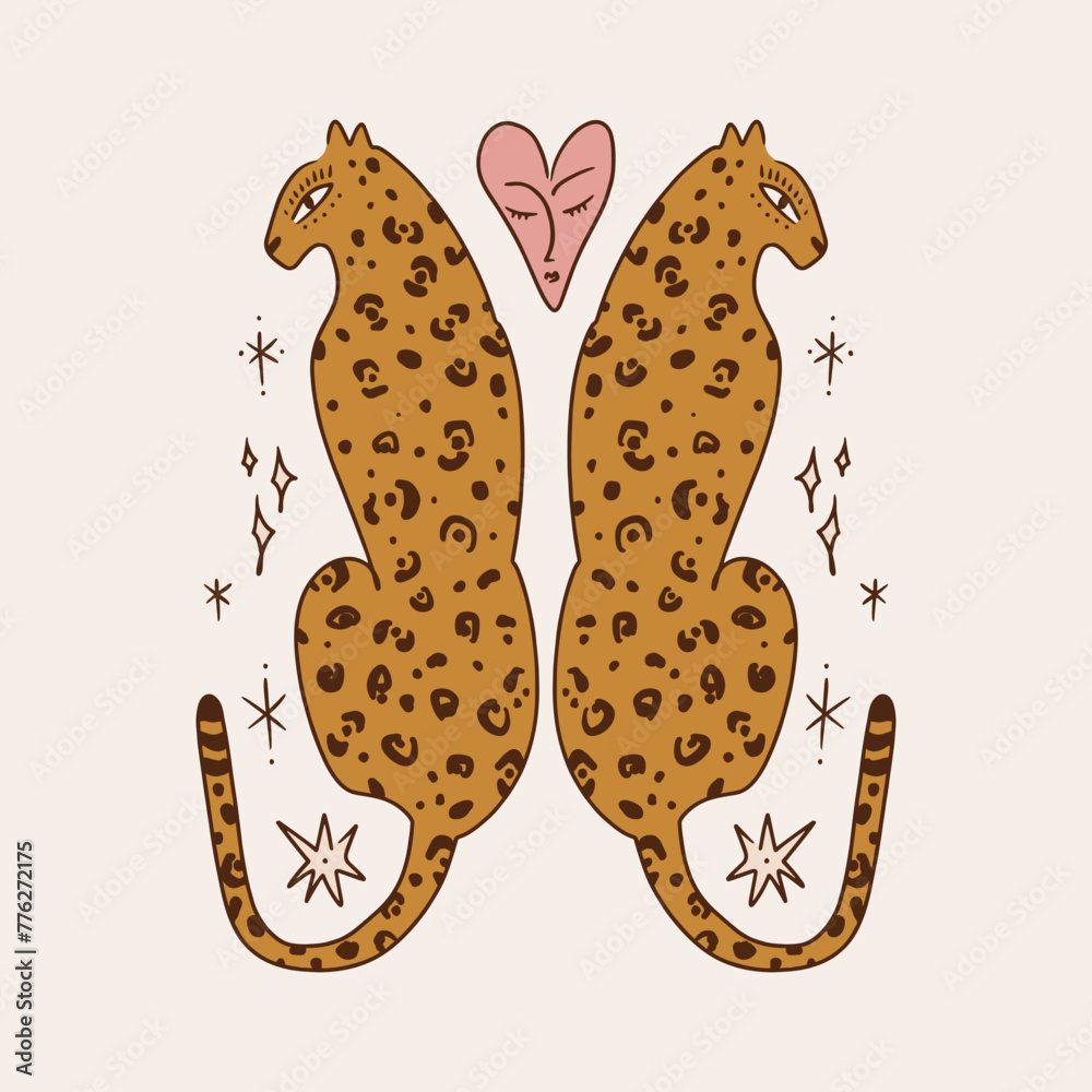 Cute boho magic leopards and heart scene. Modern abstract print. Groovy ...