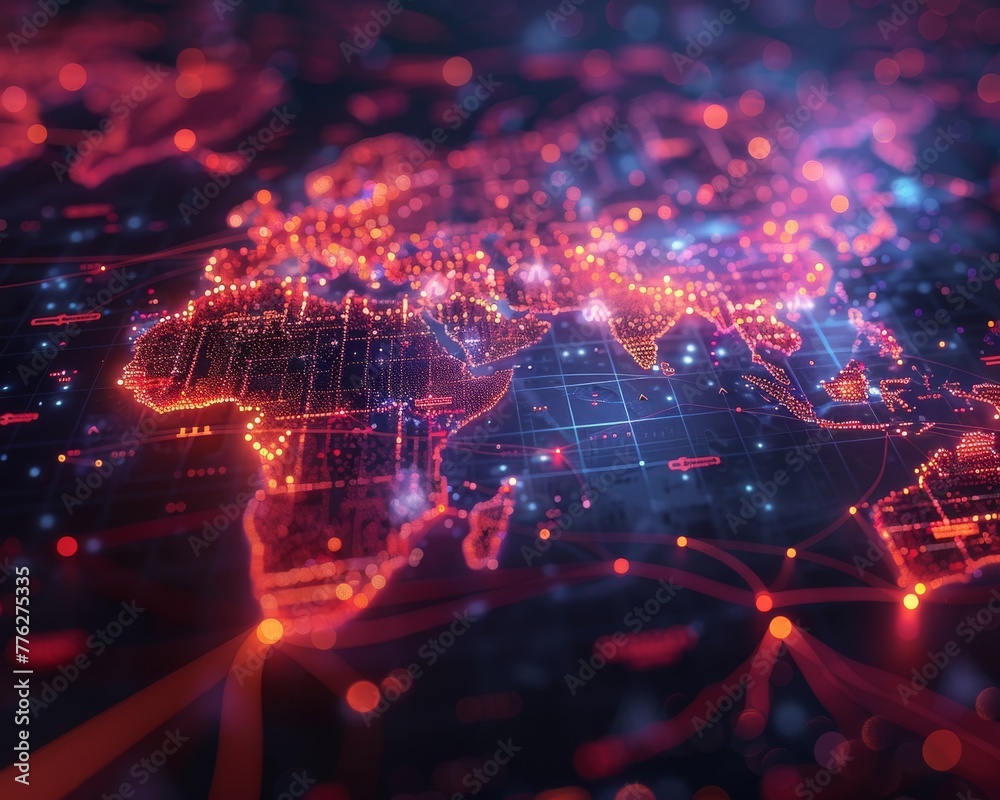 Abstract tech map showing continents and global communication lines, cool digital light ...