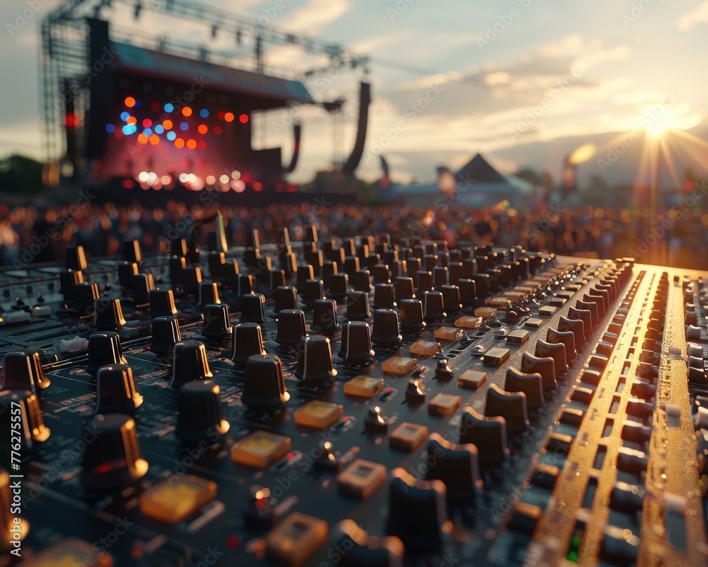 Audio equipment setup for an outdoor concert, focused on the soundboard ...